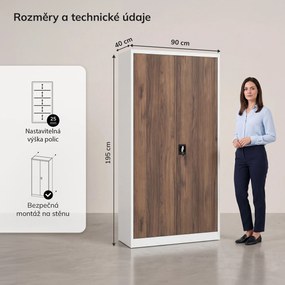 Kovová kancelářská skříň na dokumenty bílá / ořech, 900x1950x400 mm: JAN H Eco Design