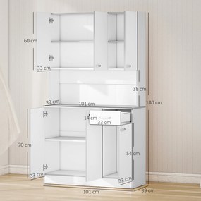 HOMCOM Moderní kuchyňský bufetový kabinet s vícero úložnými prostory, 6 dveří, 1 šuplík + velká pracovní deska, rozměry 101L x 39W x 180H cm v bílé a