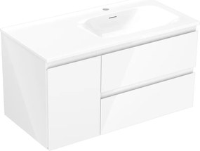 Mexen Orio, koupelnová skříňka 90 cm s pravým umyvadlem Vela, 2S, 1D, bílá lesklá, 91A13-09047-3-BBFFF00-W23P00