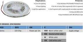 LED pásek MW Lighting HQS-2835-6W-NW-24V 24VDC 510lm, 4500K, 6W, 5m