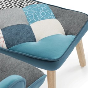 Relaxační křeslo ušák s podnožkou LYRO - modrá patchwork látka