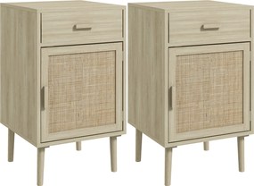 HOMCOM Set 2 nočních stolků s ratanovým šuplíkem a nastavitelnou policí do ložnice nebo obývacího pokoje 40x40x68,5 cm Dub | Aosom
