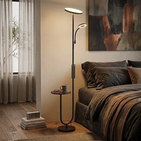 HOMCOM LED stropní reflektor s odkládacím stolkem a čtecí lampou, stmívatelná stojací lampa s dálkovým ovládáním, 4 barevné teploty