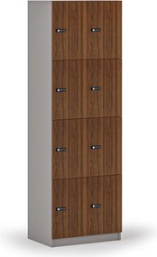 Dřevěná šatní skříňka S4 s úložnými boxy, 8 boxů, demont, mechanický kódový zámek, šedá/ořech