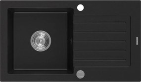 Mexen Pablo granitový dřez 1-komorový s odkapávačem 752 x 436 mm, černý, sifon chrom - 6510751010-77