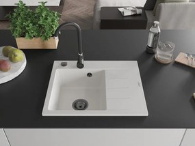 Mexen Ben, 1-komorový granitový dřez 600x500x190 mm, levý + černý sifon, bílá, 6522605000-20-B