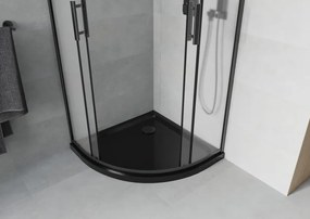 Mexen Rio, čtvrtkruhový sprchový kout s posuvnými dveřmi 80 (dveře) x 80 (dveře) x 190 cm, 5mm sklo námraza, černý profil + černá sprchová vanička SLIM, 863-080-080-70-30-4170B