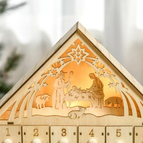 HOMCOM Adventní kalendář s LED osvětlením, 24 zásuvek, scéna betlému, 26,6 x 30 cm, vzhled dřeva