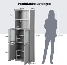 Costway 163 cm vysoká koupelnová skříňka volně stojící úložná se skleněnými
