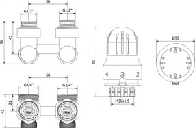 Mexen G04, úhlová termostatická sada 1/2"x3/4" DN50 s termostatickou hlavicí M30x1,5 mm, ocelová, W911-012-948-01