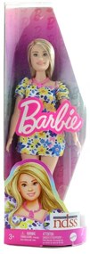 Barbie Modelka - šaty s modrými a žlutými květinami HJT05