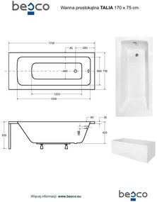 BESCO Obdélníková vana TALIA Nožičky k vaně - S nožičkami, Rozměr vany - 170 × 75 cm - VANTAL17+OLVPINOZ