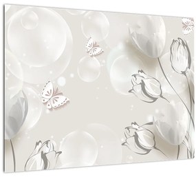 Skleněný obraz - Tulipány mezi bublinami (70x50 cm)