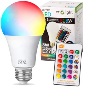 ECOLIGHT LED žárovka E27 - 8W - RGB+NW + dálkový ovladač