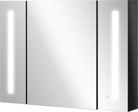 kleankin Koupelnová zrcadlová skříňka na stěnu z MDF se 3 skříňkami, 3 policemi a LED světlem, 90x15x65 cm, černá
