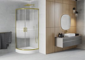 Mexen Rio, čtvrtkruhový sprchový kout 70(dveře)x70(dveře)x190 cm, 5mm čiré sklo s pásky, zlatý profil + bílá sprchová vanička RIO, 863-070-070-50-20-4710