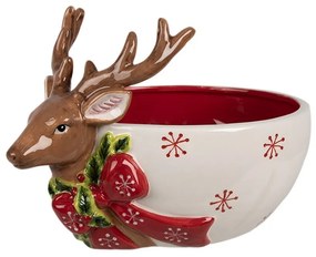 Dekorativní bíločervená keramická miska s jelenem Deer - 21*16*7 / 14 cm / 700 ml