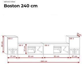 Ral Obývací stěna BOSTON 1, 240 cm - Černý lesk