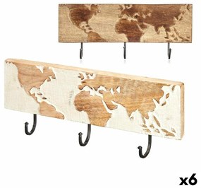 Nástěnný věšák z mangového dřeva 38 x 16 x 5 cm (6 kusů) s mapou světa