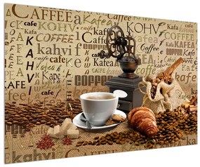 Obraz kávy, mlýnku a croissantů (120x80 cm)