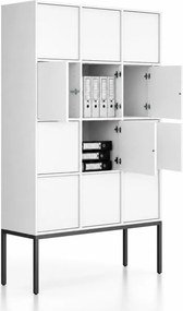 Kancelářská skříň FRAME, černá podnož, 12x dveře, 1299 x 450 x 2185 mm, PUSH-lock, bílá