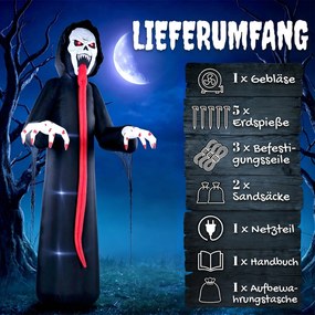 Outsunny Nafukovací Halloween kostlivec, 310 cm, s integrovanými LED světly, strašidelná dekorace pro vnitřní i venkovní použití