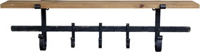 Hnědá antik dřevěná nástěnná polička s kovovými háčky Hael - 92*18*25cm