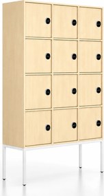 Kancelářská skříň FRAME, bílá podnož, 12x dveře, 1299 x 450 x 2185 mm, RFID zámek, bříza