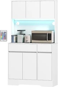 HOMCOM kuchyňský bufet Kuchyňský nábytek Úložný vysoký s RGB LED osvětlením, pracovní deska, 6 dveří, 2 zásuvky, bílé
