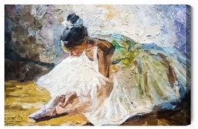 Obraz Little Girl, Ballerina In A Lush White Ballet Tutu, Tying Pointe Shoes In The Dance Class, Under Bright Daylight. The Background Is Created With Expressive Strokes. Oil Painting On Canvas. Nedostatek Nedostatek Plátno Canvas 70x50
