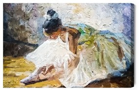 Obraz Little Girl, Ballerina In A Lush White Ballet Tutu, Tying Pointe Shoes In The Dance Class, Under Bright Daylight. The Background Is Created With Expressive Strokes. Oil Painting On Canvas. Nedostatek Nedostatek Plátno Canvas 90x60