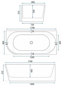 Volně stojící akrylová vana REA WENUS RIGHT 170x80 cm bílý, sifon Click-Clack - bílý