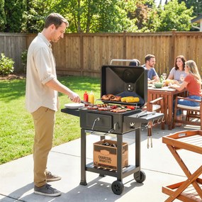 Outsunny Gril na dřevěné uhlí BBQ udírna s víkem Teploměr Výškově nastavitelná pánev na dřevěné uhlí Grilovací rošt Boční stolek Popelník