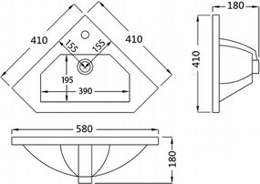 Aqualine keramické umyvadlo rohové 40 x 19 x 40 cm nábytkové bílá 1601-40