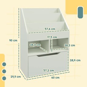 HOMCOM Dětská knihovna s šuplíkem, 3 police a 2 otevřené police, úložný regál do dětského pokoje, herny, světle zelená, 60 x 29,9 x 90 cm