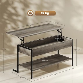 HOMCOM konferenční stolek s nastavitelnou deskou, stolek do obývacího pokoje s ukrytým úložným prostorem a otevřenou policí, 95x40x59 cm, šedý