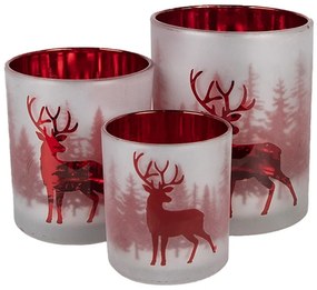 Set 3ks bílo-červený skleněný svícen s jeleny - Ø 7*8 / Ø 9*10 / Ø 10*12 cm