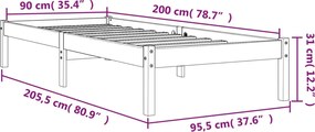 vidaXL Rám postele voskově hnědý 90 x 200 cm masivní borovice [844848]