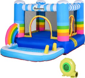 Outsunny skákací hrad s fukarem, skluzavka pro 3 děti, nafukovací skákací hrad s vodním hracím centrem pro děti 3-8 let, venkovní vodní park pro děti…