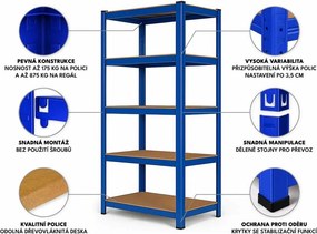 Regál 180x90x40 cm lakovaný 5-policový, nosnost 875 kg - modrý