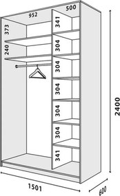 Skříň 2D 1500x600x2400, DTD + zrcadlo, bílá