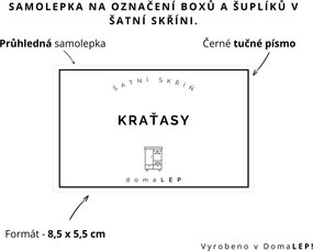 KRAŤASY - Samolepka na šuplíky a boxy do šatní skříně, 8,5 x 5,5 cm - DomaLEP varianta: SAMOLEPKA, barva: PRŮHLEDNÁ - ČERNÉ písmo, velikost: š. 8,5 cm x v. 5,5 cm - tučné písmo