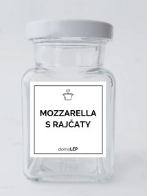 Samolepka na kořenky MOZZARELLA S RAJČATY bílá 5 × 5 cm tučné písmo