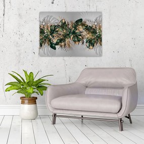 Skleněný obraz - Zlato-zelené tropické listy (70x50 cm)