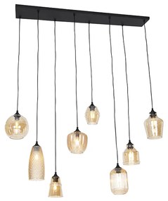 Art Deco závěsná lampa černá s jantarovým sklem 8 světel - Hanne