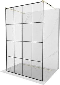 Mexen Kioto, průchozí sprchová zástěna 130 x 200 cm, 8mm sklo čiré/černý vzor, 2x zlatá stabilizační rozpěra, 800-130-002-50-77