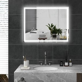 HOMCOM Koupelnové zrcadlo s osvětlením 90x70 cm LED zrcadlo Nástěnné zrcadlo s paměťovou funkcí 3 barvy světla Stříbrná