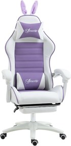 Herní židle ergonomická s podnožkou králičí uši 135° polohovací kancelářská židle nastavitelná výška bederní opěrka opěrka hlavy koženka fialová