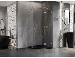 Mexen Lunar, pětiúhelníkový sprchový kout s pravým sklonem 90 x 90 cm, 8mm čiré sklo, zlatý matný profil, 831-090P-090L-55-00-P