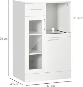 HOMCOM Moderní Jídelní Skříňka s Skříňkami a Zásuvkou, Úsporná Kuchyňská Skříň z Dřeva a Skla 60x40x95cm, Bílá